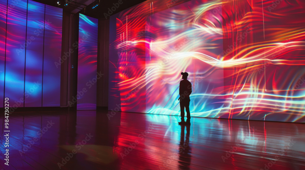 A modern art installation using projection mapping, with light patterns ...