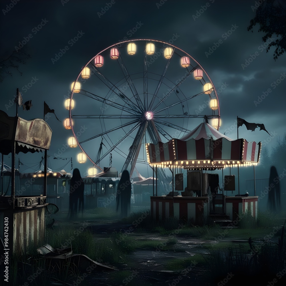 Eerie carnival with a ferris wheel under a full moon, haunted ...