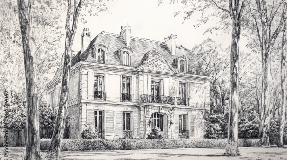 A detailed pencil drawing of a classic French manor house with trees ...