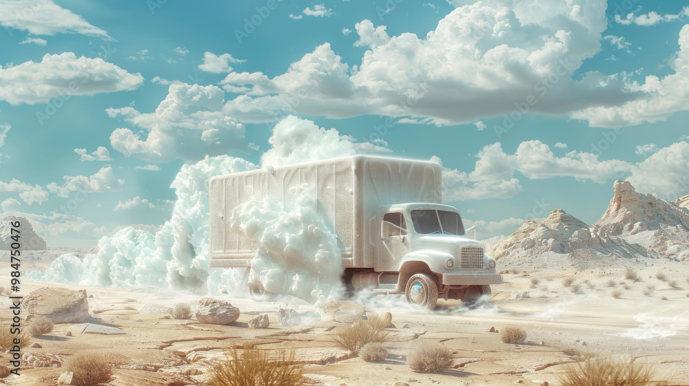 An ice cream truck made of solid ice, driving through a sweltering ...