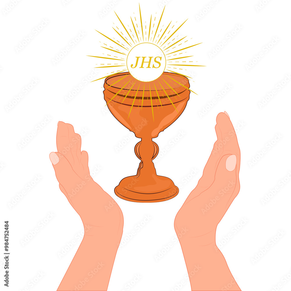 Cup with wine and bread. Symbolizes the blood and body of Christ. Rite ...