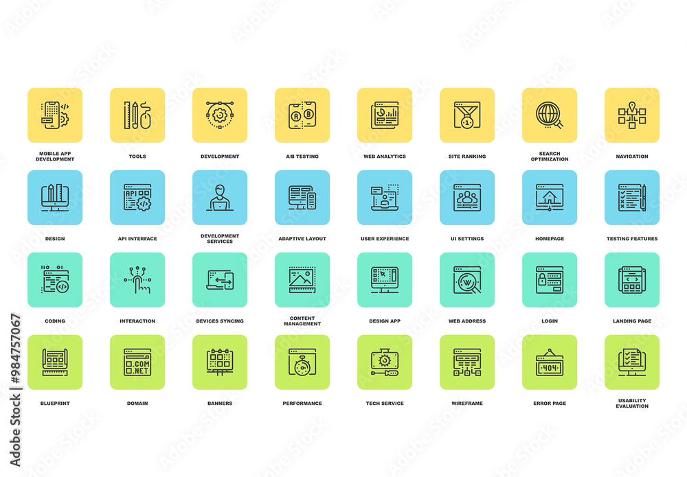 Vector set of web design and development flat line web icons. Each icon ...