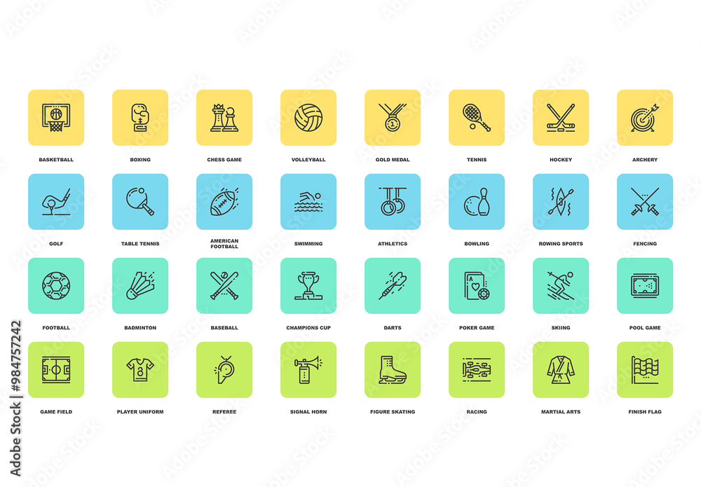 Vector set of professional sports flat line web icons. Each icon with ...