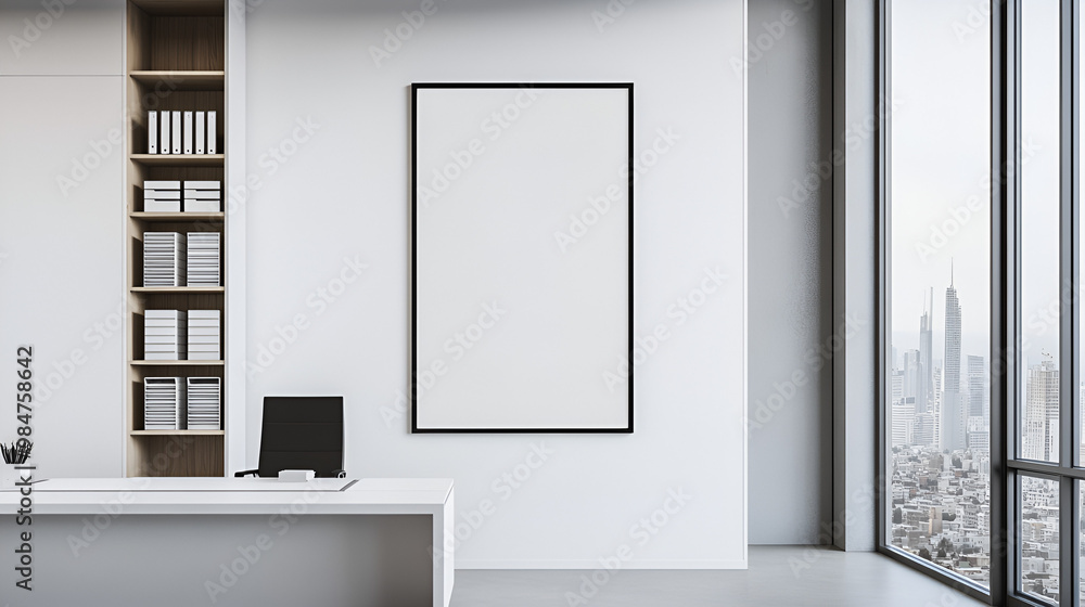 Modern office interior. White poster on wall. Mock up. CEO desk. City ...