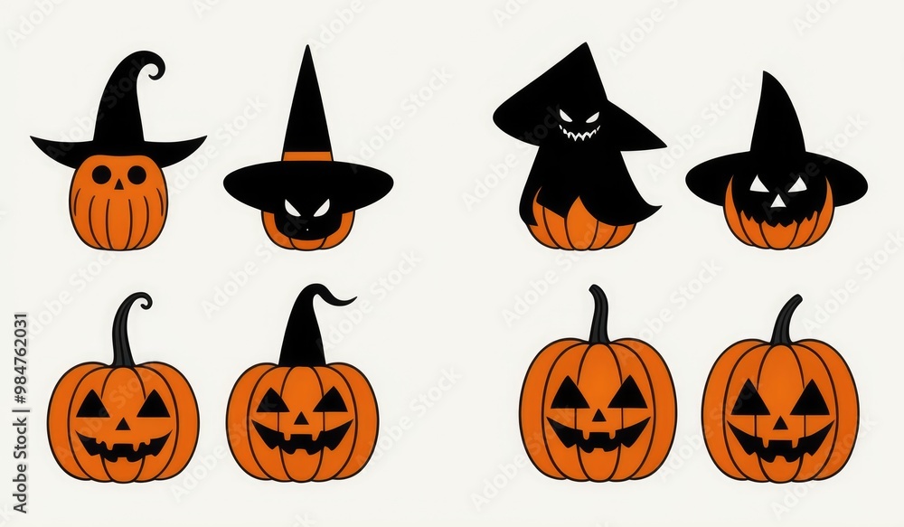 Classic Halloween Icons: A set of simple, flat icons featuring classic ...