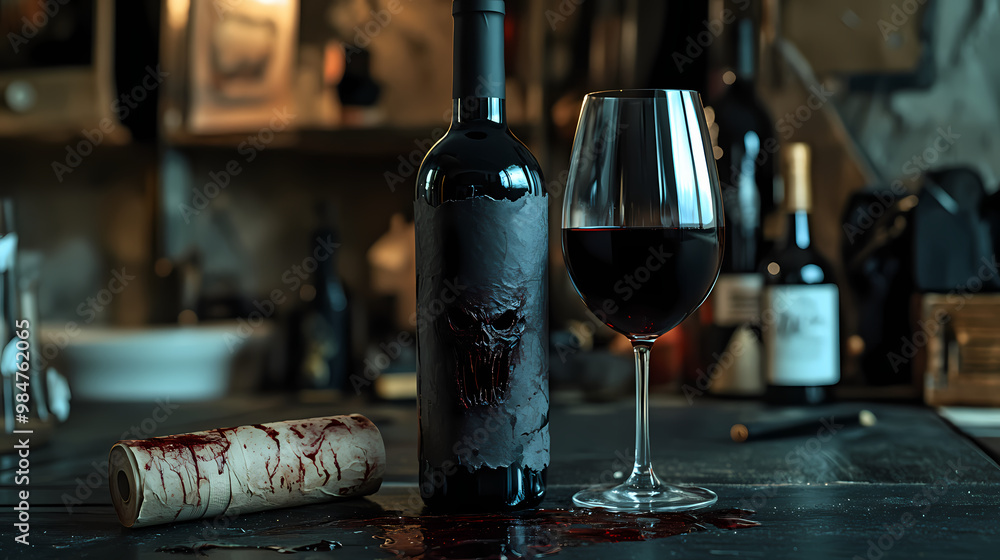 Bottle and glass with wine product photography, stock image, gothic ...