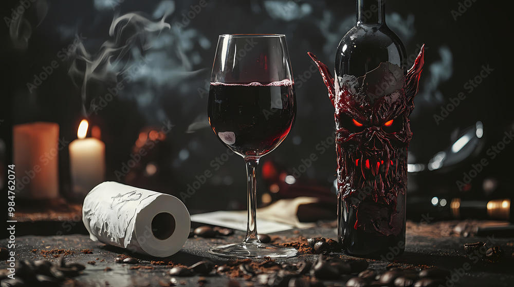 Bottle and glass with wine product photography, stock image, gothic ...