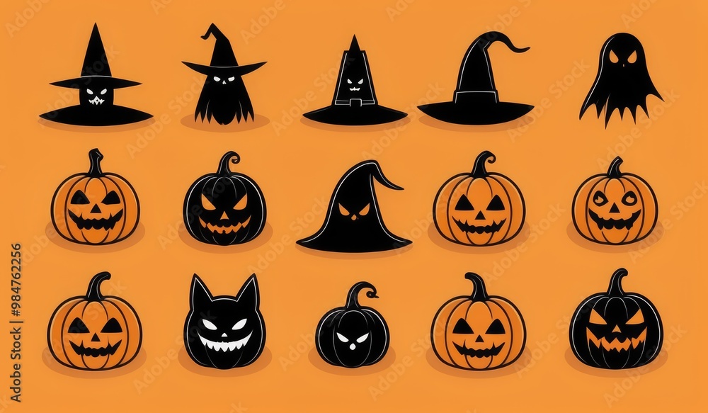 Classic Halloween Icons: A set of simple, flat icons featuring classic ...