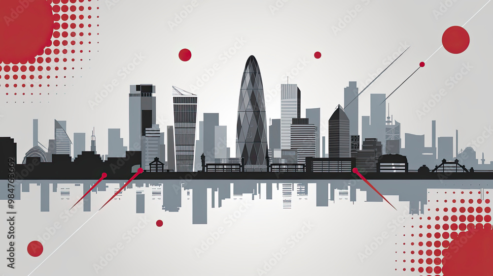 A modern-style graphic design poster of London City, England with a red ...