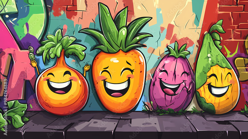 Cartoon cute doodles of smiling fruits and vegetables painting graffiti ...