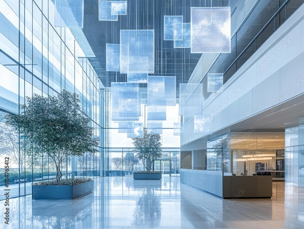 transparent oled displays forming floating art installation in modern ...