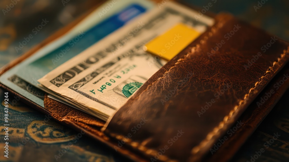 Money inside a wallet, with various bills and cards peeking out ...