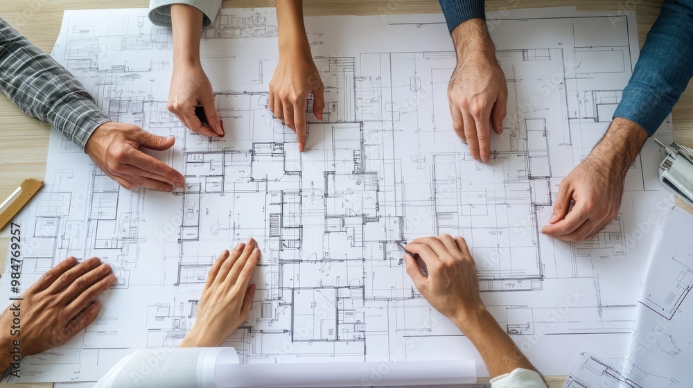 Diverse group collaborating on architectural plans, showcasing hands ...
