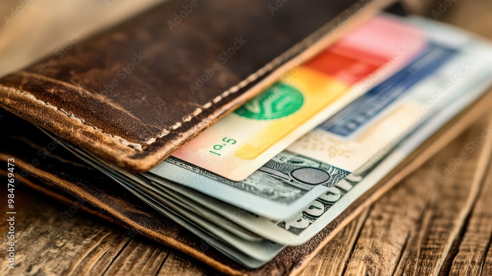 Money inside a wallet, with various bills and cards peeking out ...
