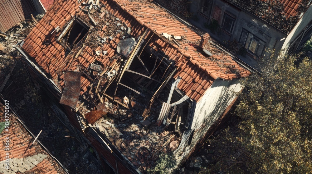 Aerial view of a dilapidated rooftop, showcasing extensive damage and ...