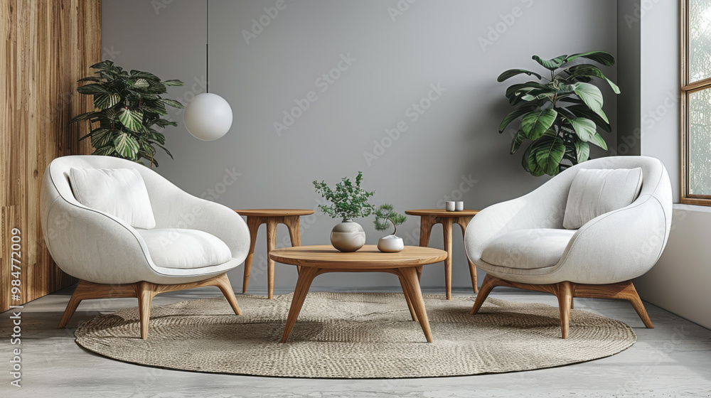 Two lounge chairs with white seats and wooden legs, centered around a ...