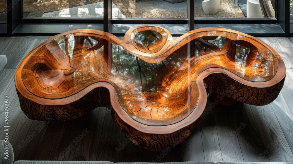 Oak and glass coffee table with three circular sections, designed by ...