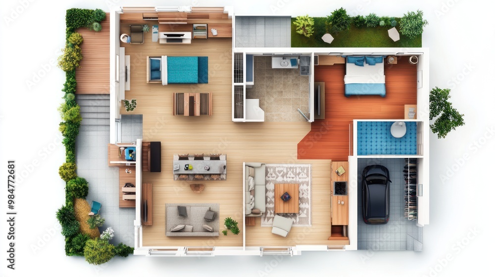 A modern architectural layout showcasing a stylish, open-concept home ...