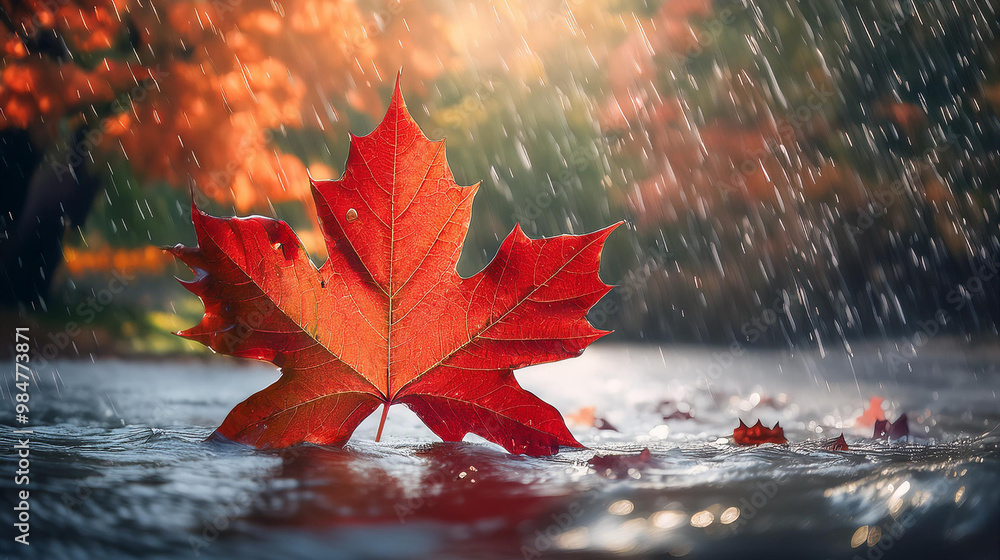 Autumn rain, red maple leaves falling to the ground, raindrops falling ...