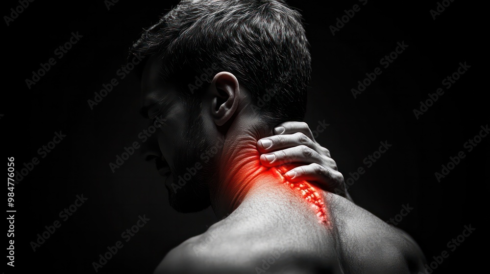 Neck pain and headache combined, a person sitting in a dark room ...
