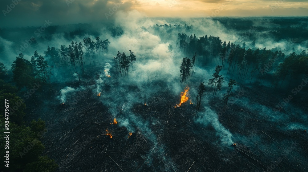 Deforested land with smoke rising from scattered tree stumps ...