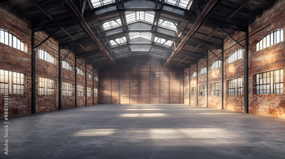 Empty old warehouse interior with brick walls, concrete floor, and a ...