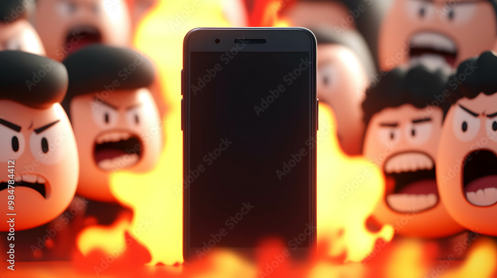 Smartphone in the center of the image, surrounded by angry faces ...