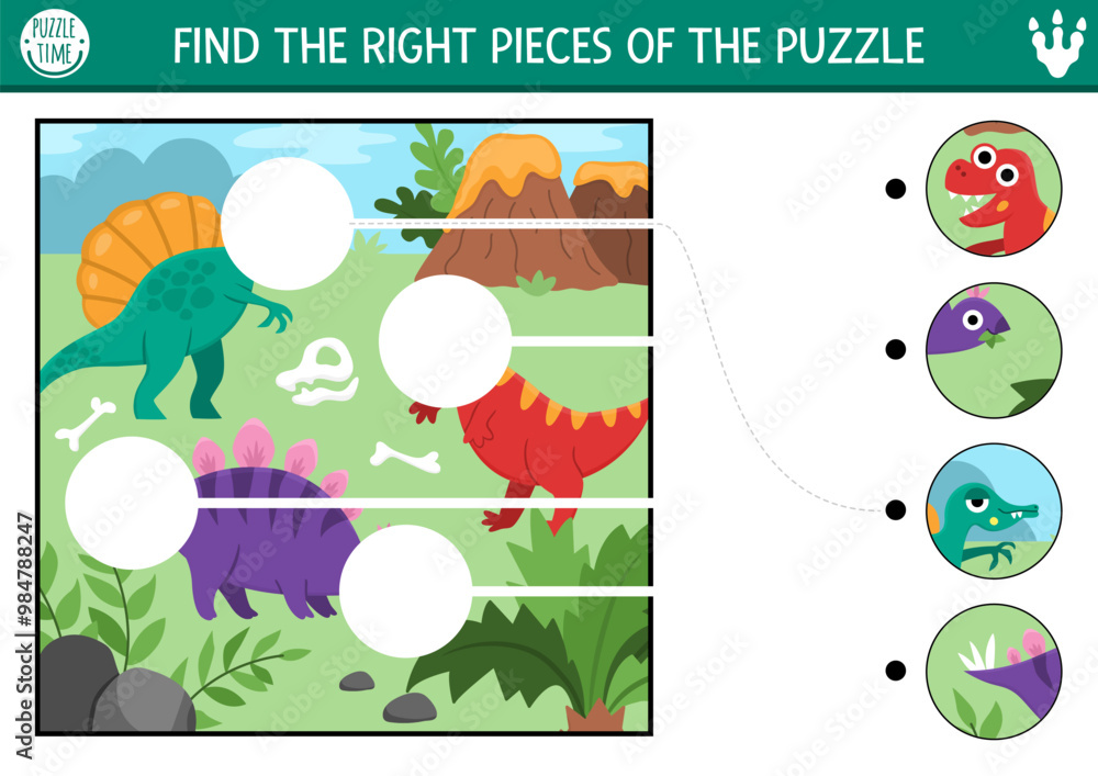Dinosaur matching activity with T-rex, spinosaurus, stegosaur, volcano ...