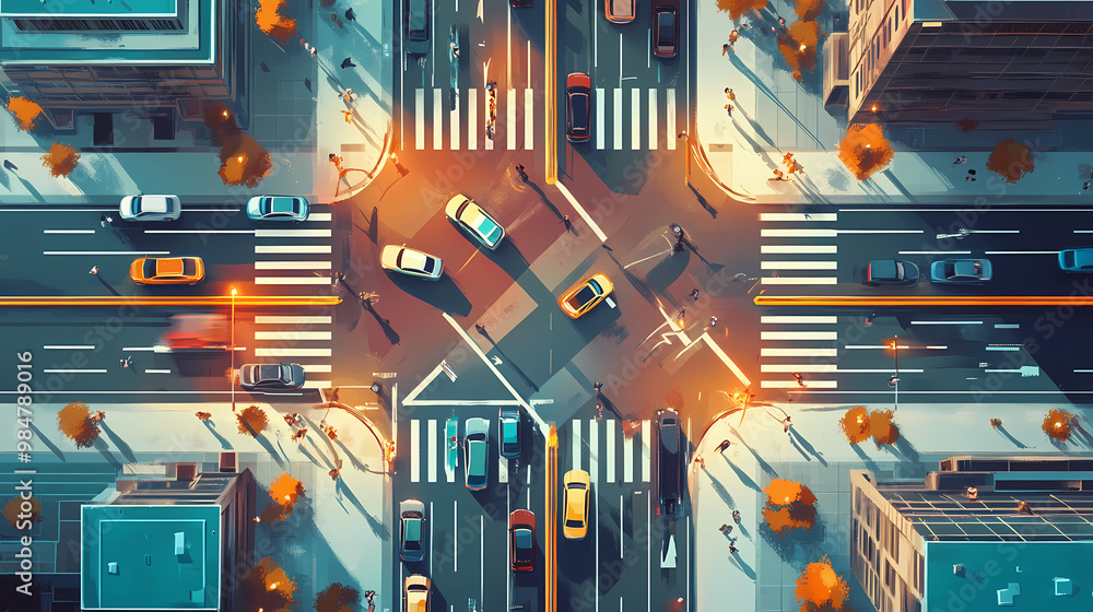 Create an image of two intersecting roads at a busy urban intersection ...