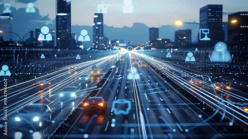 Urban setting at night with a modern tram and light trails on rainy ...