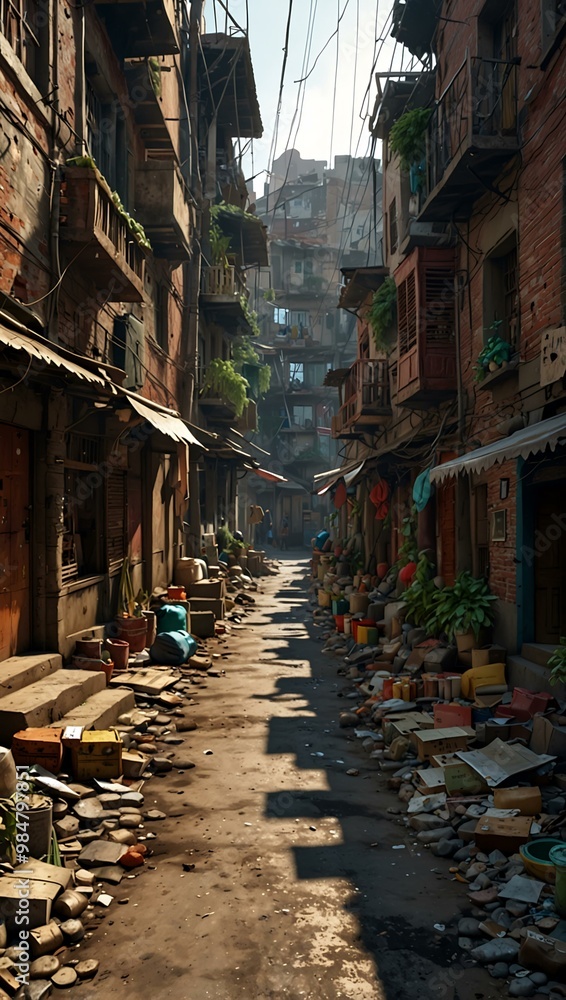 Bustling street in an old slum with narrow pathways and debris. The 3D ...