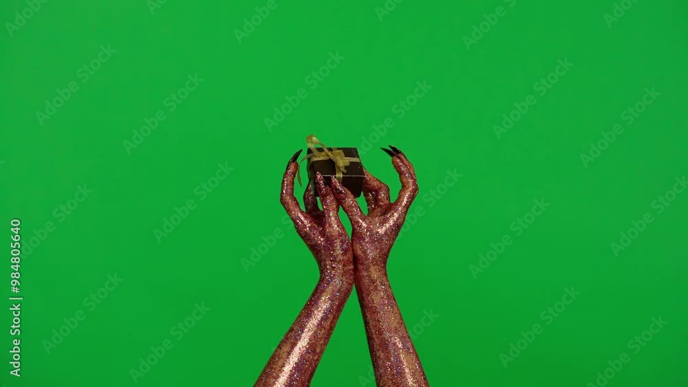 Creepy halloween monster hand in glitter slime with nails holding small ...