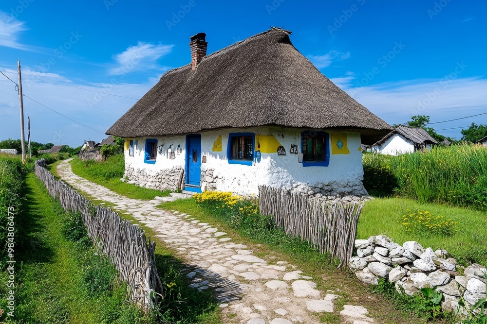 A traditional thatched-roof house in a rural village, representing ...