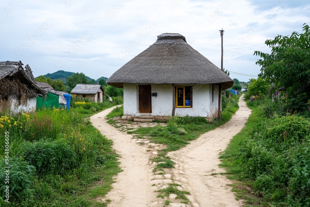 A traditional thatched-roof house in a rural village, representing ...