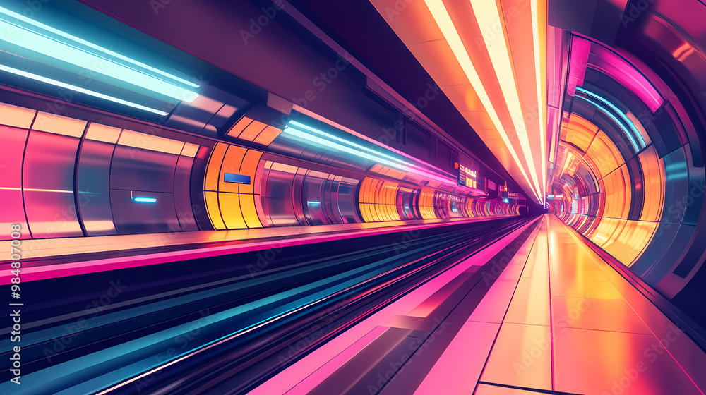 Futuristic subway station with vanishing perspective, sharp lines, and ...