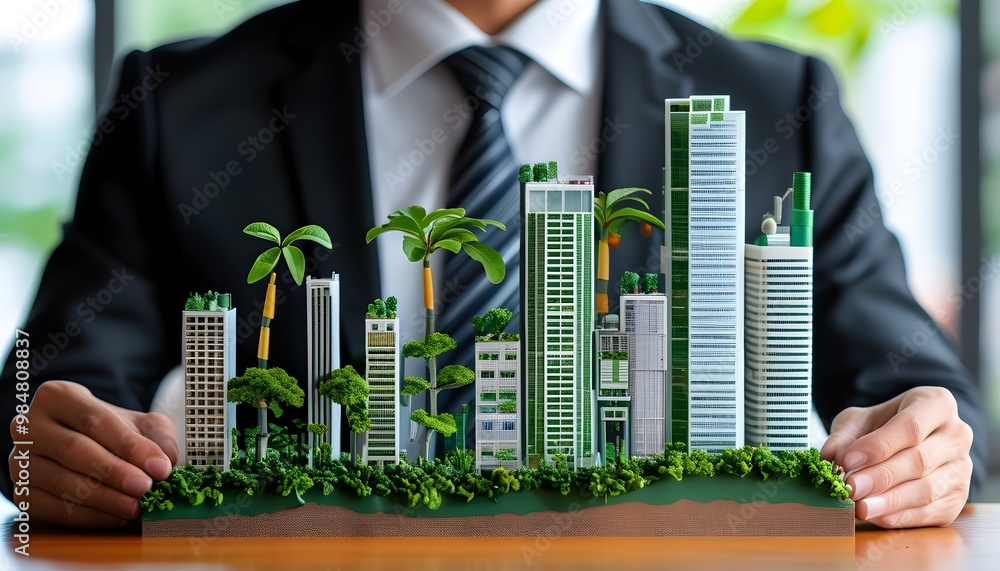 Businessman strategizing environmental protection with model city and ...