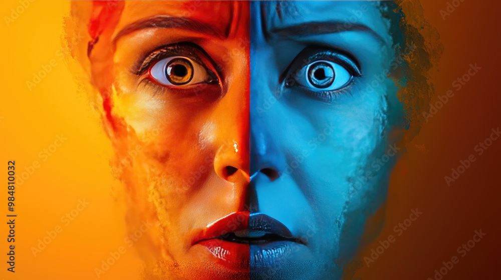 Face divided into four quadrants with different expressions and colors ...
