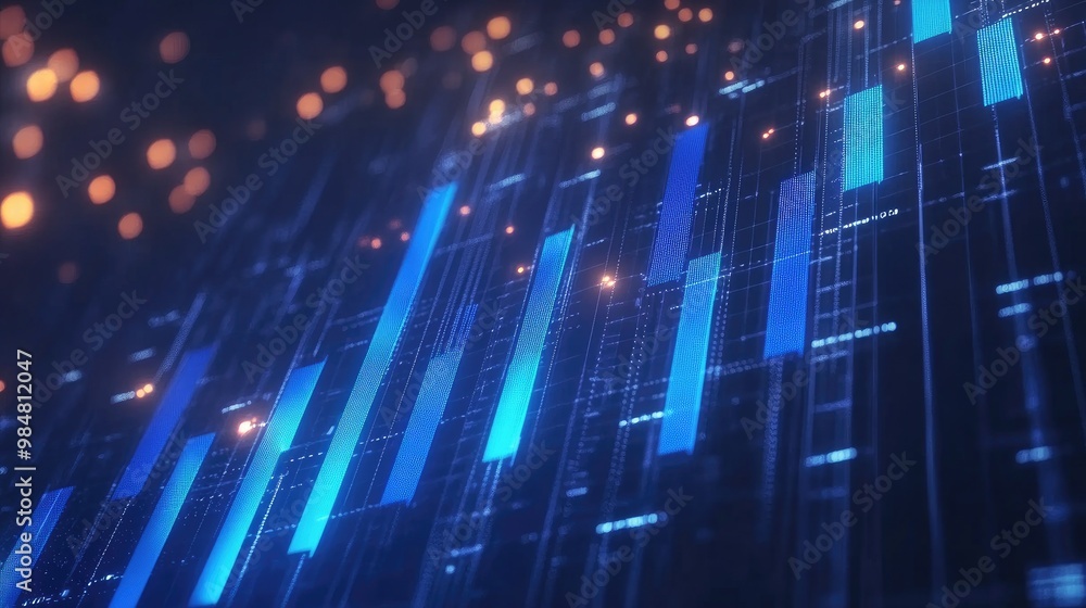 A 3D financial graph with blue bars and gridlines, showing increasing ...