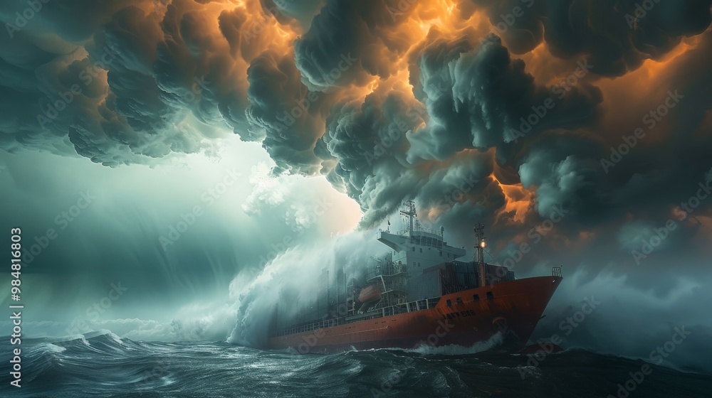 Dark clouds looming over a fully loaded cargo ship battling a sea ...