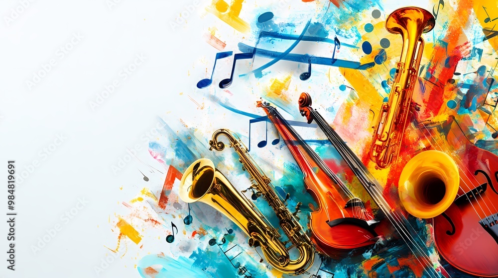 Colorful music notes and musical instruments on a white background ...