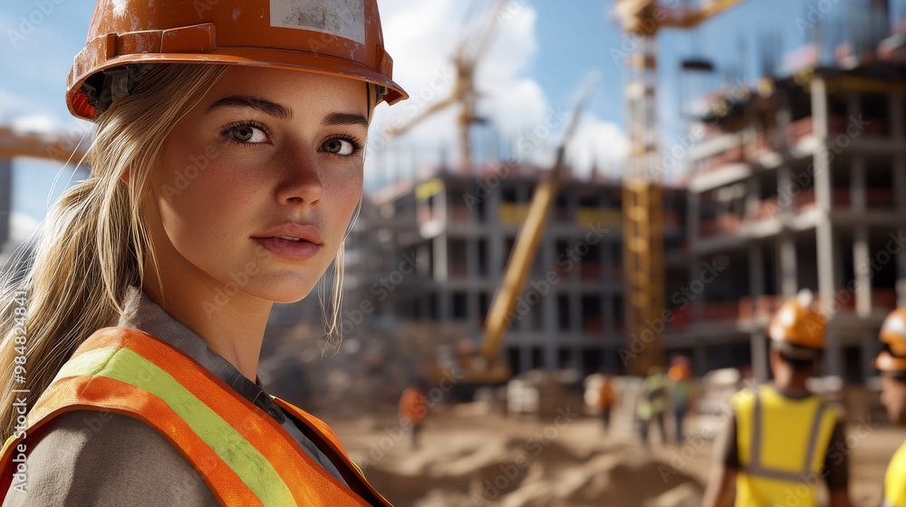 Highly realistic image of a blonde woman wearing a construction helmet ...