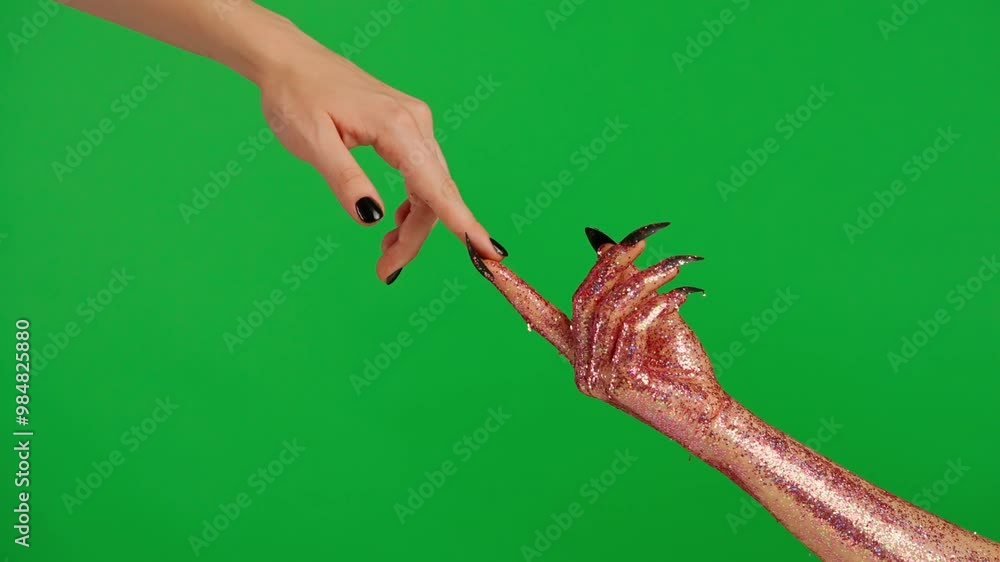 Creepy halloween monster hand in glitter slime and nails touching ...