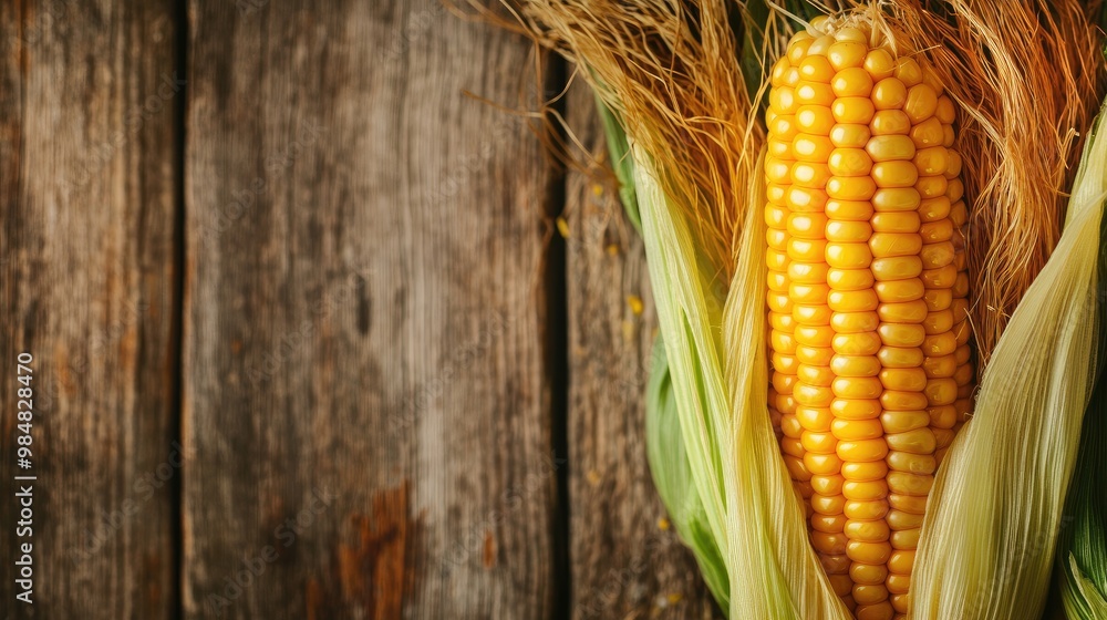A close-up of fresh, golden corn on the cob, with its husks partially ...