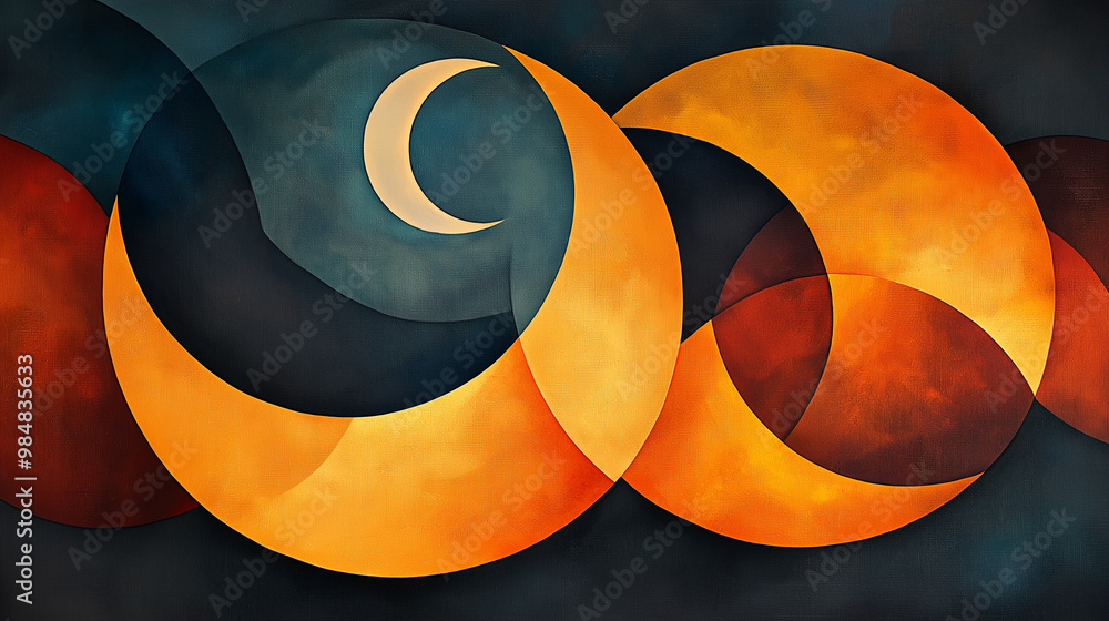 Day Meets Night, a repetitive design of overlapping sun and moon half ...