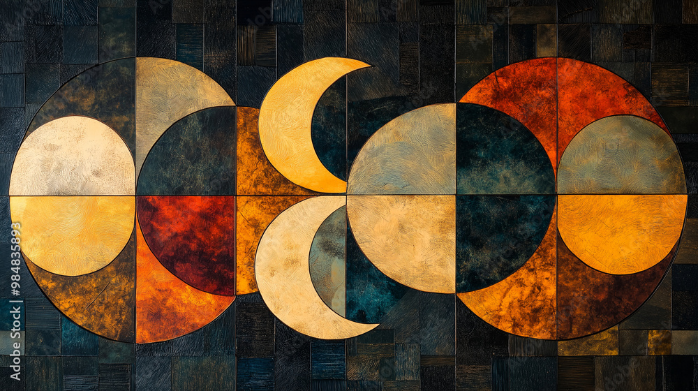 Day Meets Night, a repetitive design of overlapping sun and moon half ...