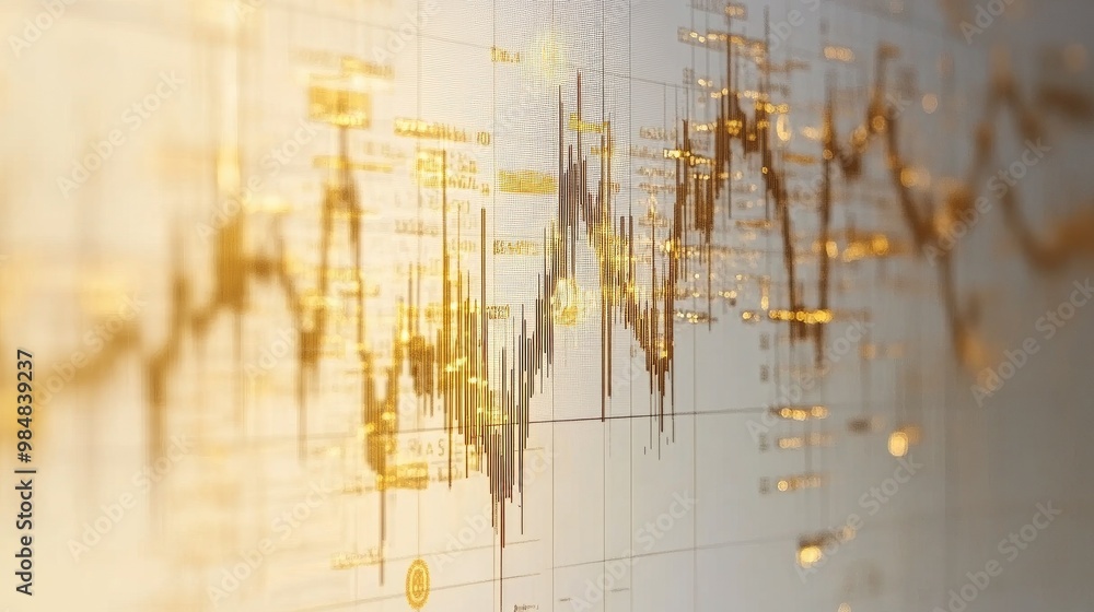 A detailed view of a gold trading graph with candlestick patterns and ...
