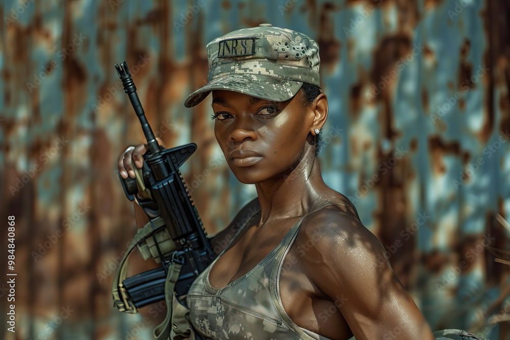 Intense portrait of a Black female soldier with a rifle, showcasing ...