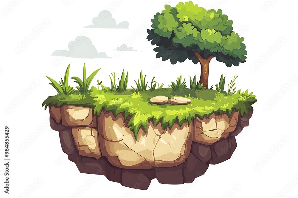 Cartoon floating island with grass, tree, and clouds, game asset Stock ...