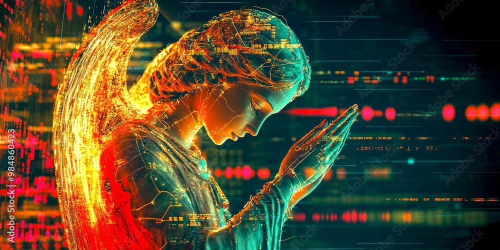 A divine figure stands in prayer amidst a vibrant digital landscape ...