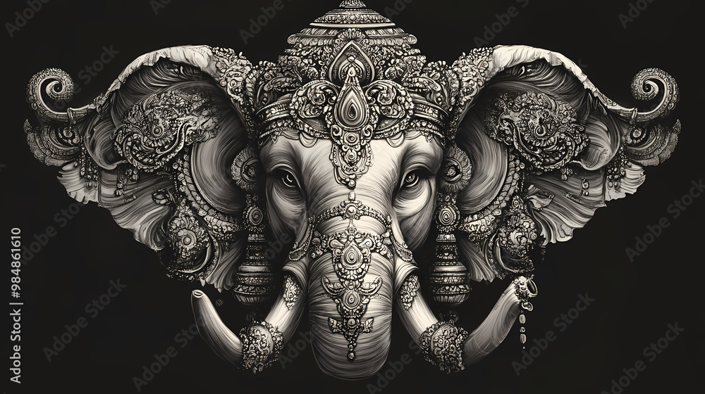 Recreation of frontal of elephant head with ornaments up as ganesha ...